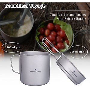Boundless Voyage Camping Titanium Pot Pan Set with Folding Handles Outdoor Picnic Hiking Bowl Plate Mess Kit Tableware Cookware Ti2053C