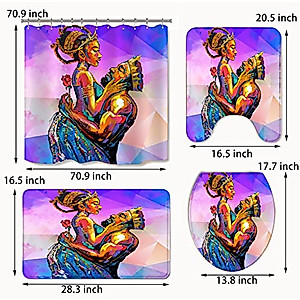 African American Woman Shower Curtains for Bathroom, 4PCS Bathroom Sets Include 1 Fabric Shower Curtain, 2 Non-Slip Bathroom Rugs and 1 Toilet Lid Cover, Black Girl Bathroom Decor