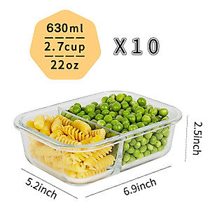 Bayco 10 Pack Glass Meal Prep Containers 2 Compartment, Glass Food Storage Containers with Lids, Airtight Glass Lunch Bento Boxes, BPA-Free & Leak Proof (10 lids & 10 Containers) - Grey