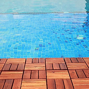CLOVERHOLM Interlocking Deck Tiles 12x12 inches, 10PCS Waterproof Acacia Wood Patio Tiles, Easy Snap Flooring Tiles for Indoor and Outdoor,Balcony, Entry, Poolside Tiles (Tiles-Teak-P9)