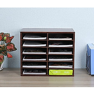 PAG Wood Desktop Literature Organizer Adjustable File Sorter Mail Center Magazine Holder Paper Storage Cabinet Classroom Keepers Mailbox for Office Home School, 12 Compartments, Brown