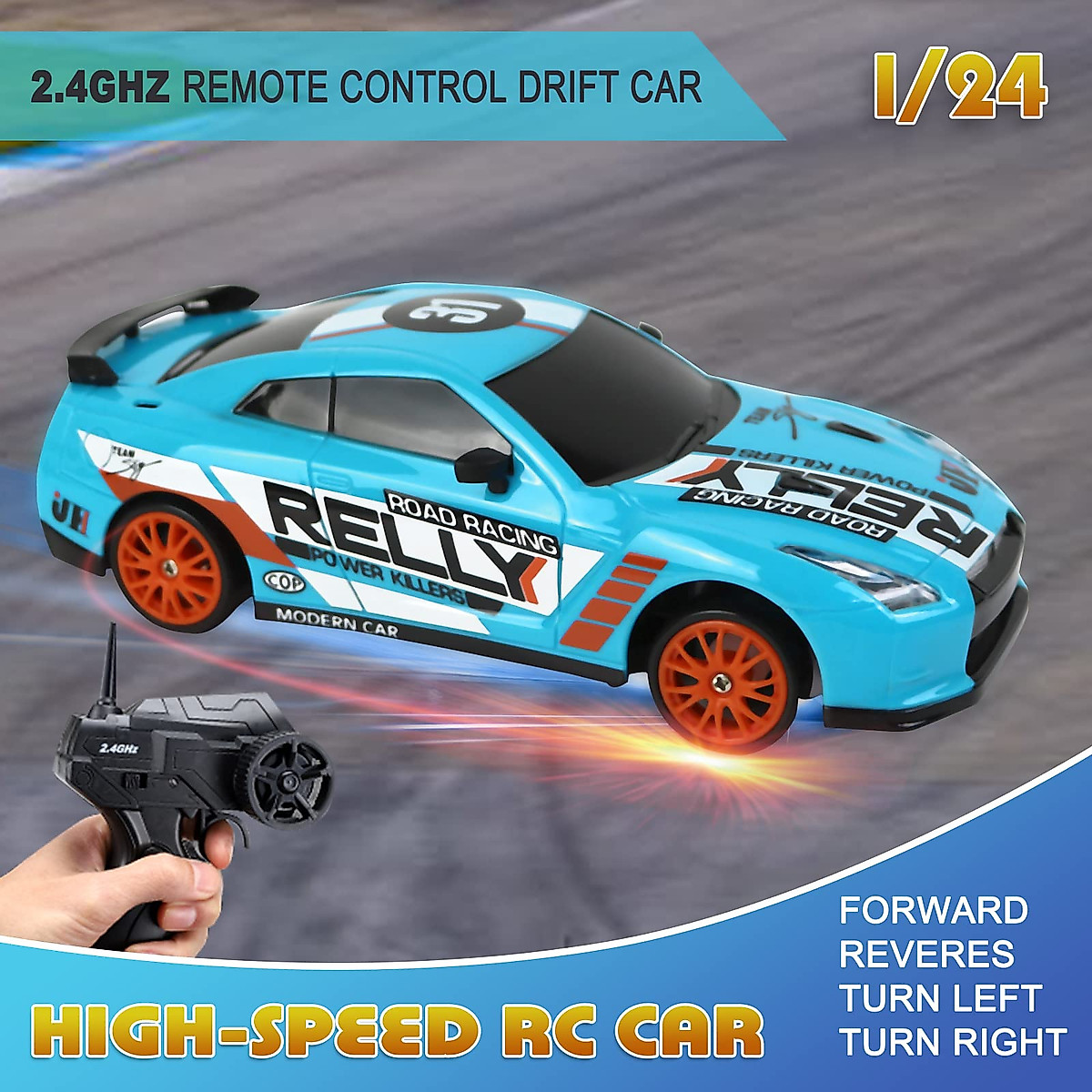 Remote Control Car RC Drift Car 2.4GHz 1:24 Scale 4WD 15KM/H High Speed Model Vehicle LED Lights Drifting Tire Racing Sport Toy Car for Adult Boy Girl Kid Gift 2Pcs Rechargeable Batterie