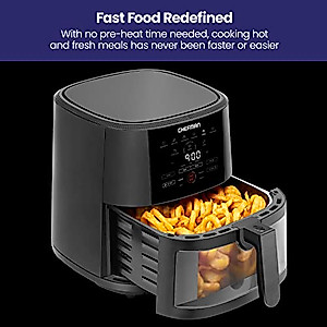 Chefman Air Fryer 8 Qt with Probe Thermometer, 8 Preset Functions, 1-Touch Digital Display Compact Cooker, Extra Large Nonstick Square Air Fryer Basket with Window, Dishwasher-Safe Parts, Black