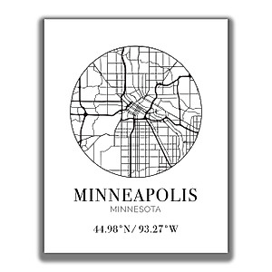 Minneapolis MN City Street Map Wall Art - 11x14 UNFRAMED Modern Abstract Black & White Aerial View Decor Print with Coordinates. Makes a great Minneapolis-Themed Gift.