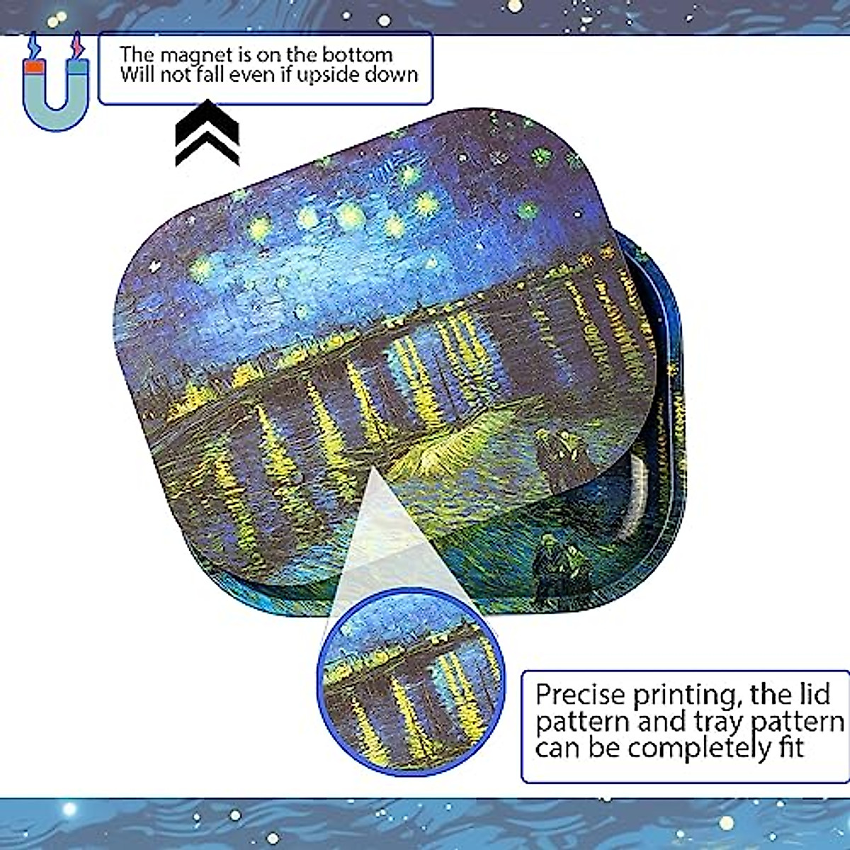 Rolling Tray with Magnetic Lid,Smooth Rounded Edges Double-Sided Printing with Van Gogh Art Premium Metal Small Tray,Perfect Storage for Home Or On-The-go-7" X 5.5" (Van Gogh Art)