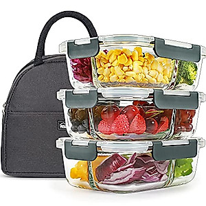 DAS TRUST 3 Pack Bento Box Glass Meal Prep Containers with 3 Compartments and Lids - Glass Food Storage Lunch Box