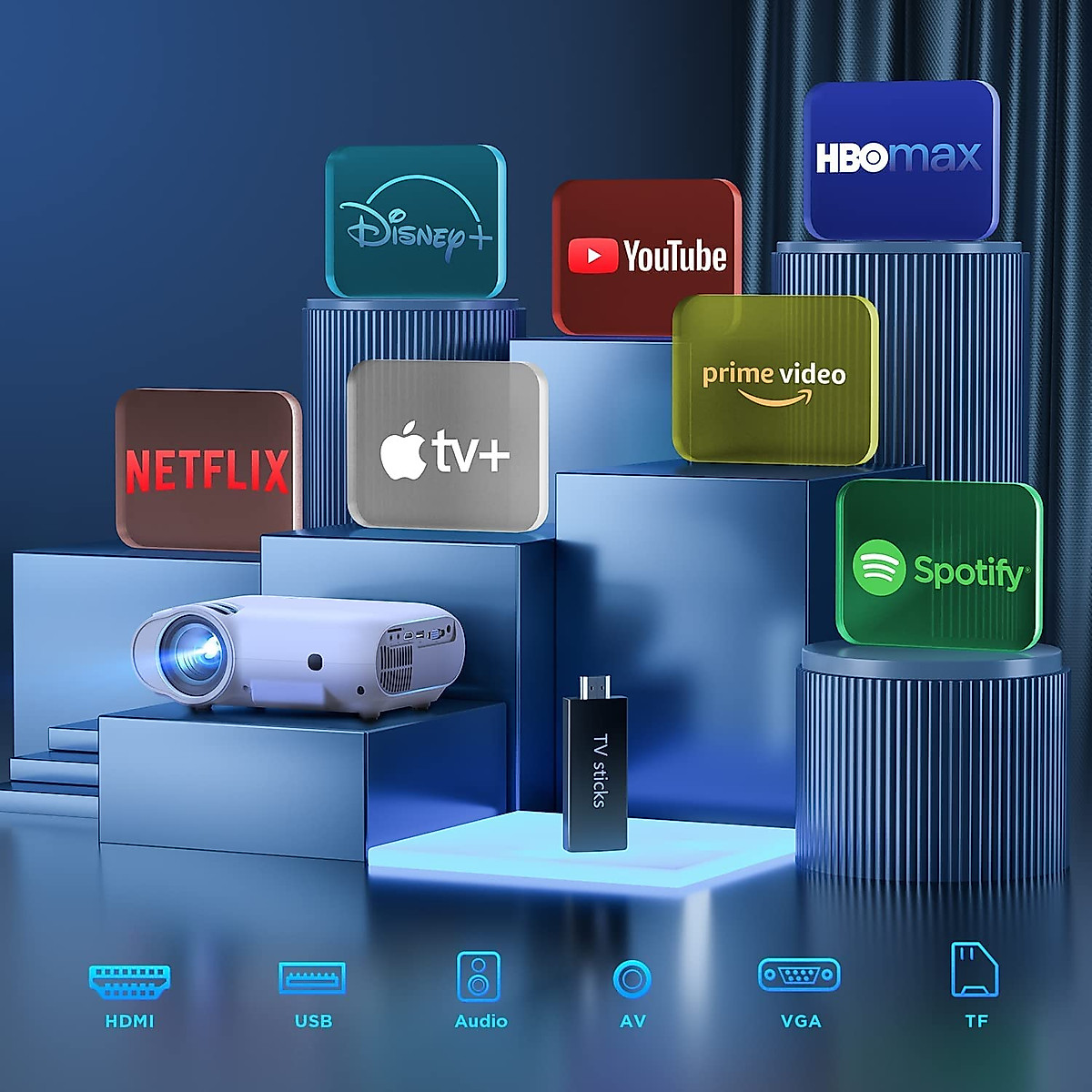 Projector with 5G WiFi and Bluetooth, 8000 Lux Ultra Bright Portable Outdoor Movie Projector 1080P Supported, Phone Projector for Home Theater, Compatible HDMI, USB, PC, TV Stick, iOS & Android