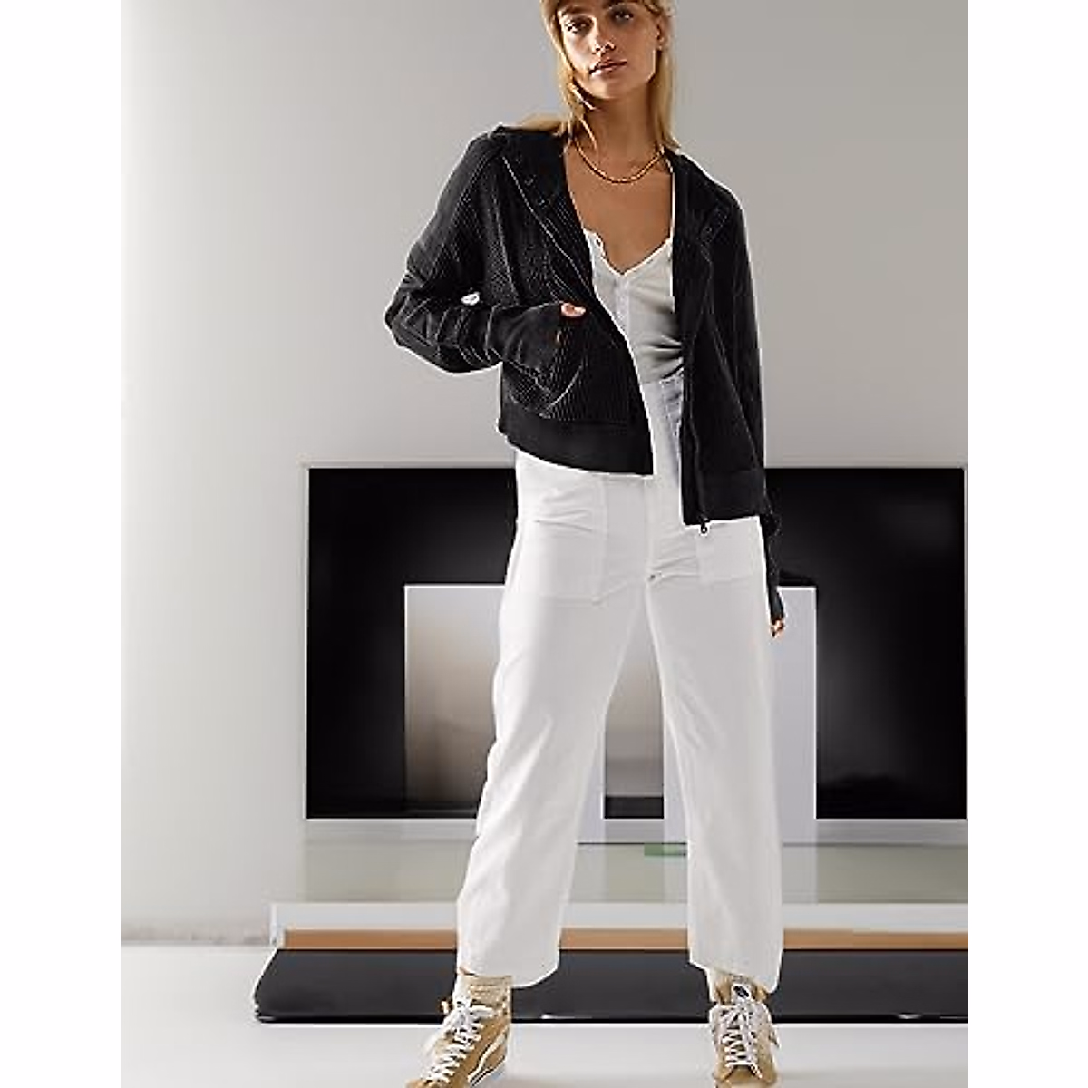 Azuki Sweatshirt Women Trendy - Effortlessly Stylish And RelaxIng Activewear With Waffle Grid Fabric-Size L Black