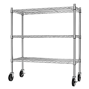 Auslar 3-Shelf Storage Shelves with Casters Heavy Duty 3-Tier Rolling Cart Utility Racks Adjustable Wire Metal Storage Shelving, Chrome
