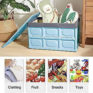 Lidded Storage Bin 55L Collapsible Storage Box Crates Plastic Tote Storage Box Container Stackable Folding Utility Crates for Clothes, Toy, Books ,Snack, Shoe, and Grocery Storage Bin - Blue