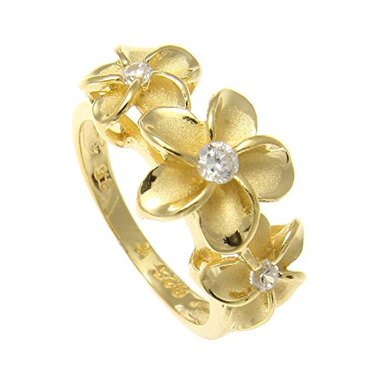 Arthur's Jewelry Yellow gold plated sterling silver 925 Hawaiian 3 cz plumeria flower ring size 8