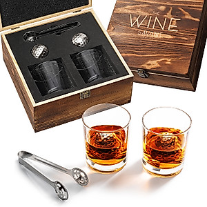 Luxurious Bar Gift Set - Golf Whiskey Glasses - Golf Ball Chillers - Tongs - Set in Premium Wood Box by The Wine Savant - Unique Whiskey Glass Set - Golf Gifts, Golfer Gifts, Gifts for Golf Lovers