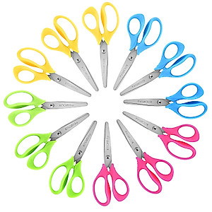 KUONIIY 5" Left-Handed Kids Scissors with Soft comfort-Grip Handles ,Assorted Colors ,12 Pack