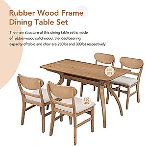 Melpomene 5 Piece Dining Table Set, Mid Century Solid Wood Kitchen Table with 4 Chairs and Special-Shape Legs(Natural Wood Wash)