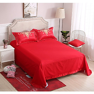 I-MART King Size Chinese Wedding Red Bedding Set, Asian Bedding with Dragon and Phoenix Bird Embroidery Duvet Cover Set of 4