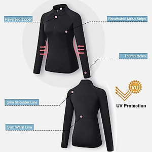 TERODACO Athletic Quarter Zip Women Long Sleeve Tennis Golf Pullover Shirts with Thumb Holes Women's Quick Dry Running, Fishing and Hiking Tops Outdoor Sun Protection Tee 92506 Black L