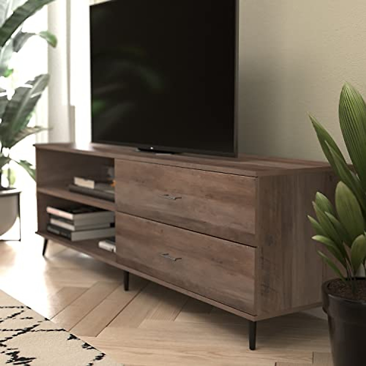 Flash Furniture Nelson Mid Century Modern TV Stand for up to 60" TV's - Walnut Finish - 65" Wide - Adjustable Shelf - 2 Storage Drawers