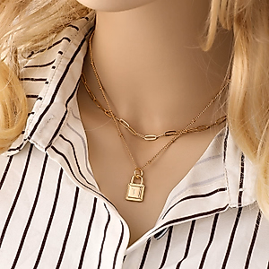 Lukieny Gold Layered Initial Necklaces for Women 18K Gold Plated Dainty Layered Letter Lock Necklace for Women Gold Padlock Pendant Necklaces for Girls Personalized Trendy Jewelry (Z)