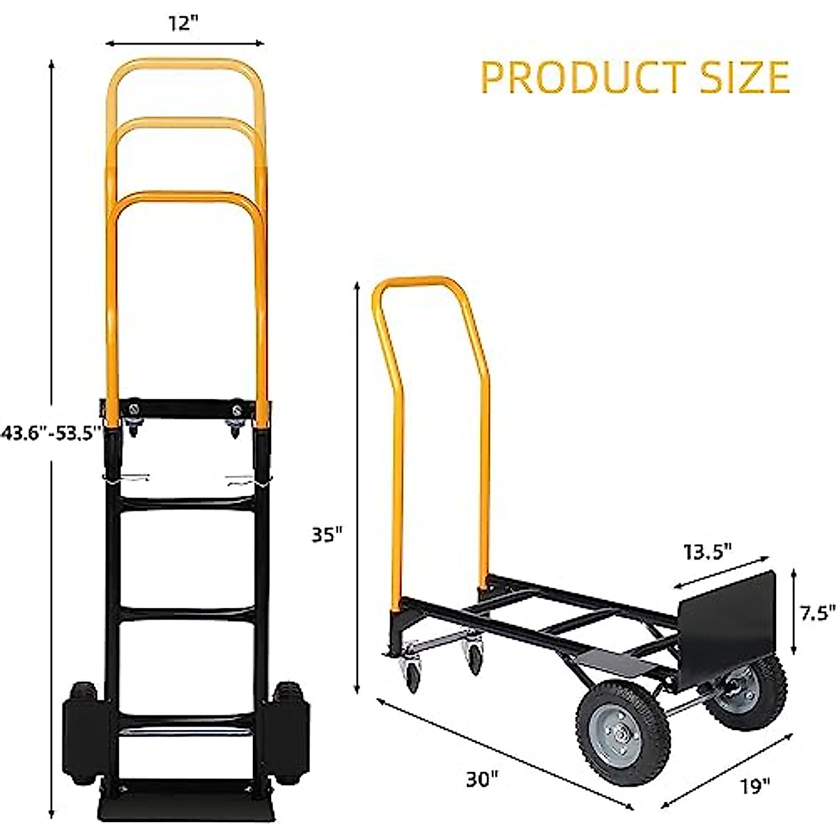 Vilobos Folding Hand Truck, 2 in 1 Utility Cart, Portable Dolly with EVA Wheels, Easy Storage, 43.6"-53.5" Hight Adjustable, Heavy Duty Steel, 330Lbs Load Capacity