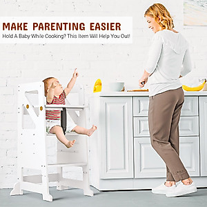 Rendpas Toddler Kitchen Stool Helper with Meal Tray & Safty Rail, Adjustable Height Kids Kitchen Step Stool, Toddler Standing Tower Convertible Meal Chair, Wooden Toddler Counter (White)