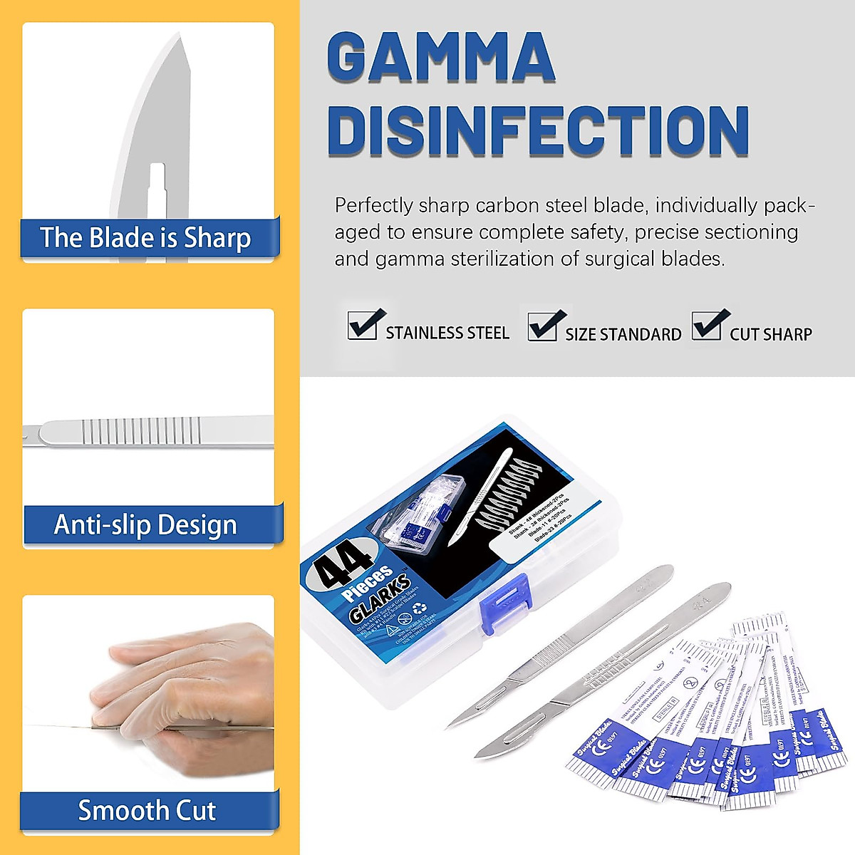 Glarks 44Pcs Surgical Grade Blade with Handle Kit, 40Pcs #11#23 Disposable Surgical Blade Sterile Scalpel Blade with 4Pcs #3#4 Scalpel Knife Handle Set for Biology Lab Anatomy, Practicing Cutting