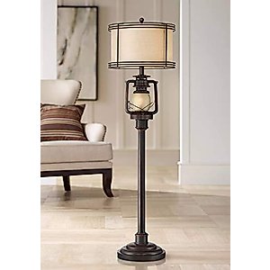 Barnes and Ivy Henson Rustic Industrial Farmhouse Standing Floor Lamp with Night Light Glass 63" Tall Bronze Earthy Fabric Drum Shade Decor for Living Room Reading House Bedroom Home