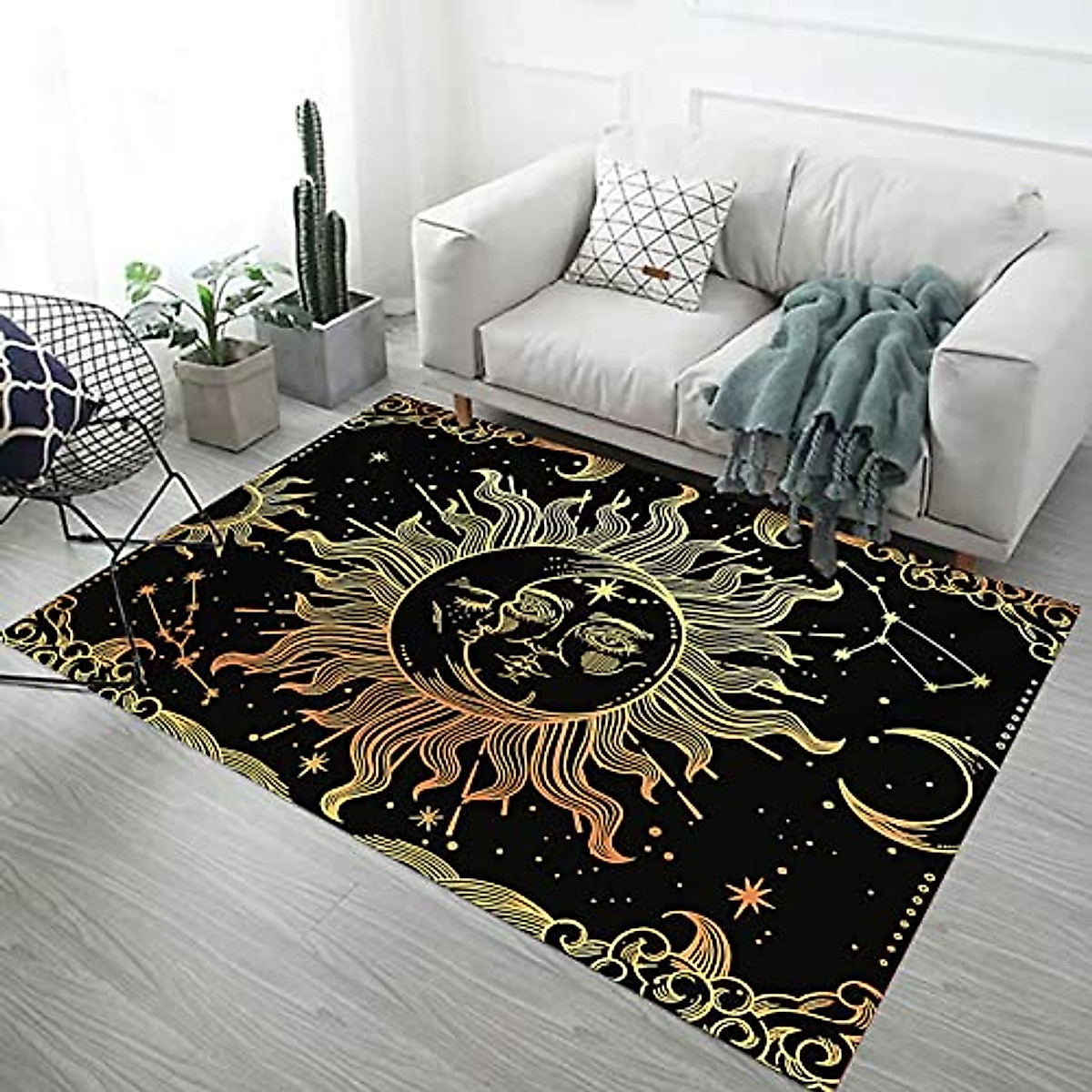 LGGQQW Sun and Moon Area Rug Psychedelic Gold and Black Rug Popular Mystic Carpet for Home Decor