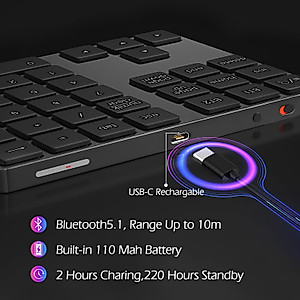 Foloda Bluetooth Number Pad: Wireless BT Numeric Keypad, Multi-Devices Rechargeable USB C Numpad, 34 Keys Financial Accounting Extensions Data Entry Keyboard for Laptop, PC, iMac, MacBook, Notebook