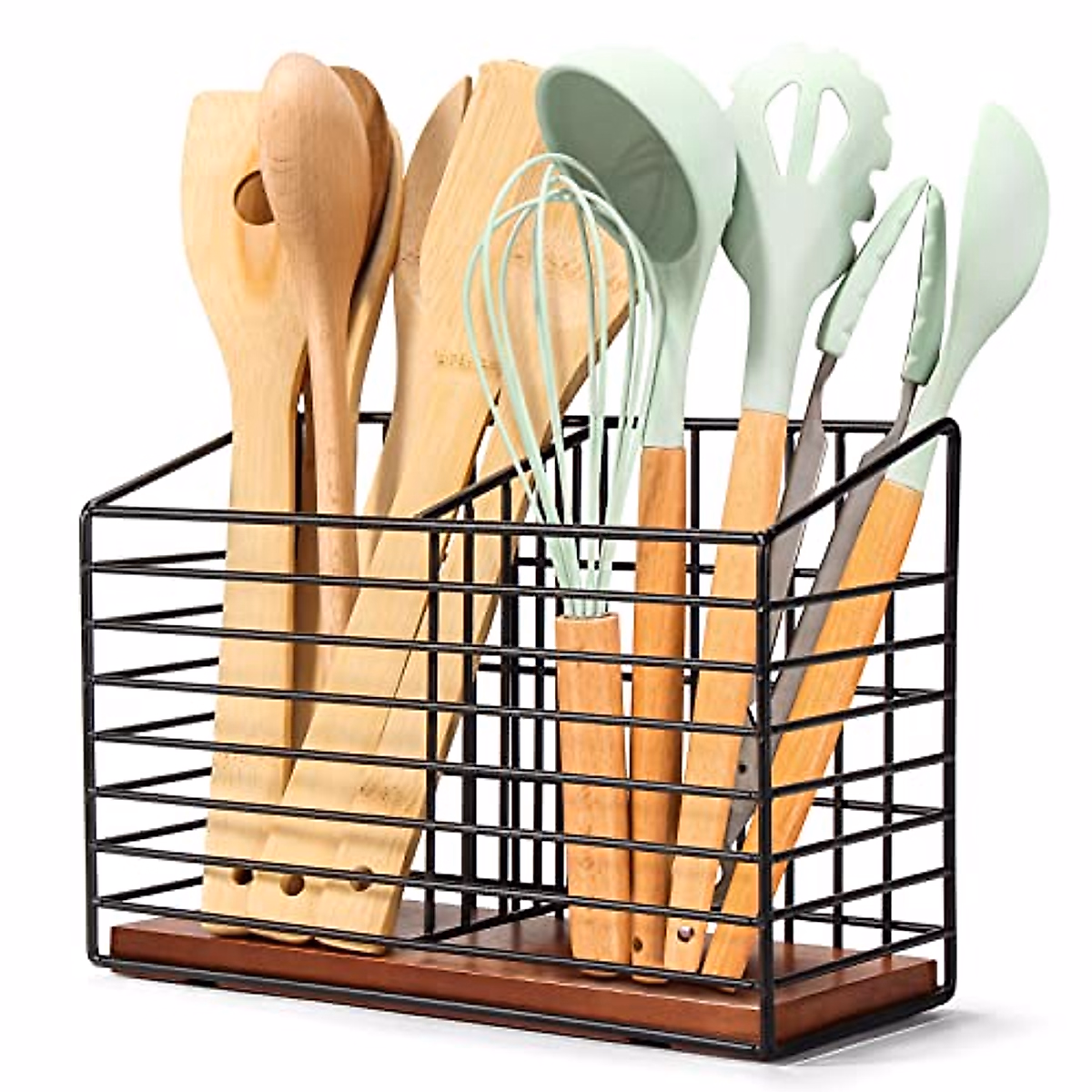 THYGIFTREE Kitchen Utensil Holder for Counter Large Black Metal Cooking Utensil Organizer for Countertop Utensil Crock with Wooden Base Spatula Holder Modern Farmhouse Utensil Caddy