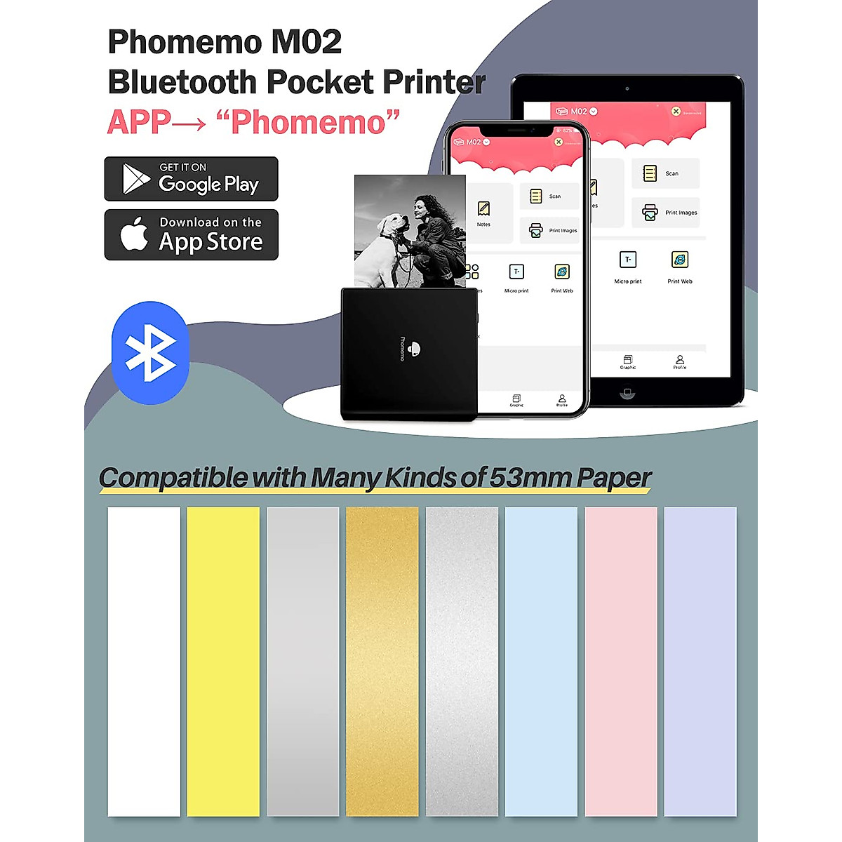 Phomemo Mini Note Printer- M02 Pocket Thermal Bluetooth Mini Mobile Printer with 3 Rolls Paper, for Printing Photos, Text, Study Notes, DIY Sticker, Receipts, Gift, Black