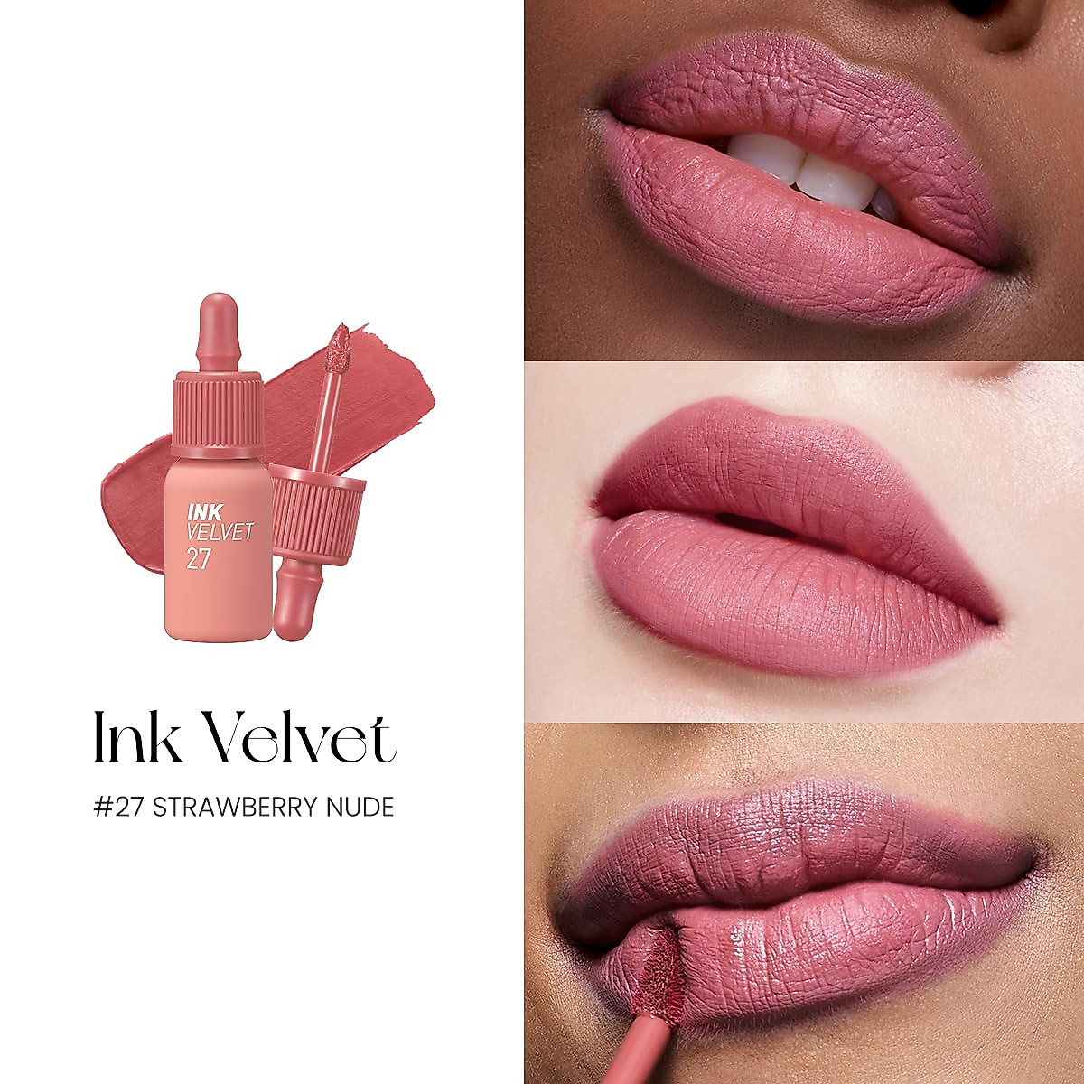 Peripera Ink the Velvet Lip Tint - High Pigment Color, Longwear, Weightless, Not Animal Tested, Gluten-Free, Paraben-Free (027 STRAWBERRY NUDE)
