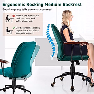 Velvet Home Office Desk Chair with Wooden Armrests, Adjustable Swivel Vintage Mid-Back Leisure Chair with Padded Seat, Task Chair Upholstered Computer Chair for Work Study (Green)