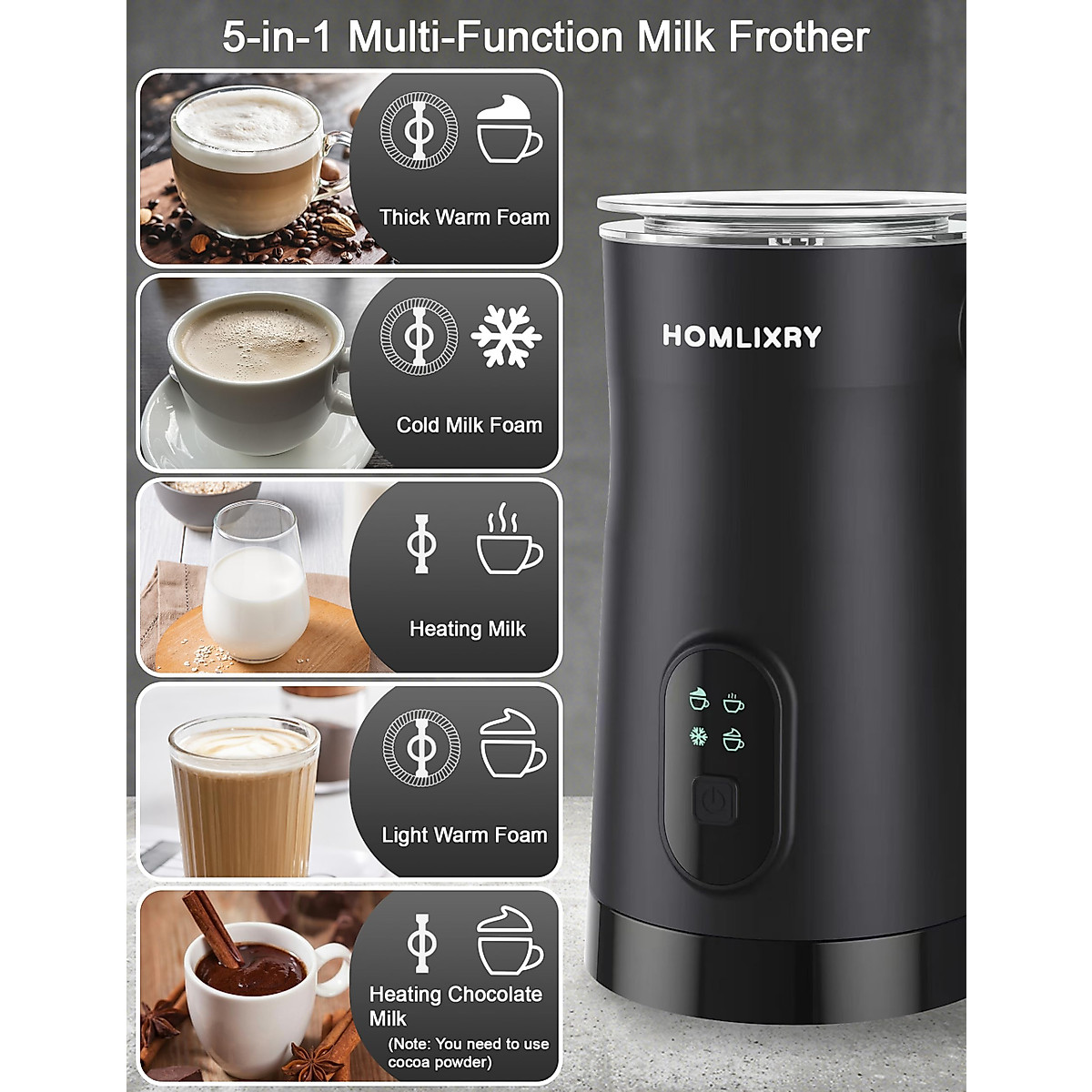 Electric Milk Frother, 4 in 1 Milk Frother and Steamer, 11.8oz/350ml Automatic Warm and Cold Foam Maker, Auto Shut-Off, Coffee Frother for Coffee, Latte, Cappuccino, Macchiato, Hot Chocolate(Black)