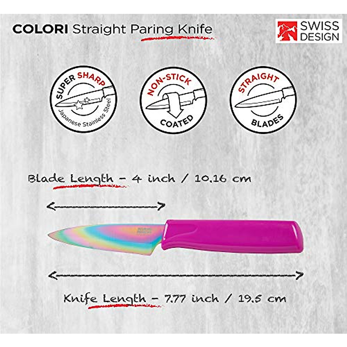 Kuhn Rikon Colori Non-Stick Straight Paring Knife with Safety Sheath, 4 inch/10.16 cm Blade, Unicorn