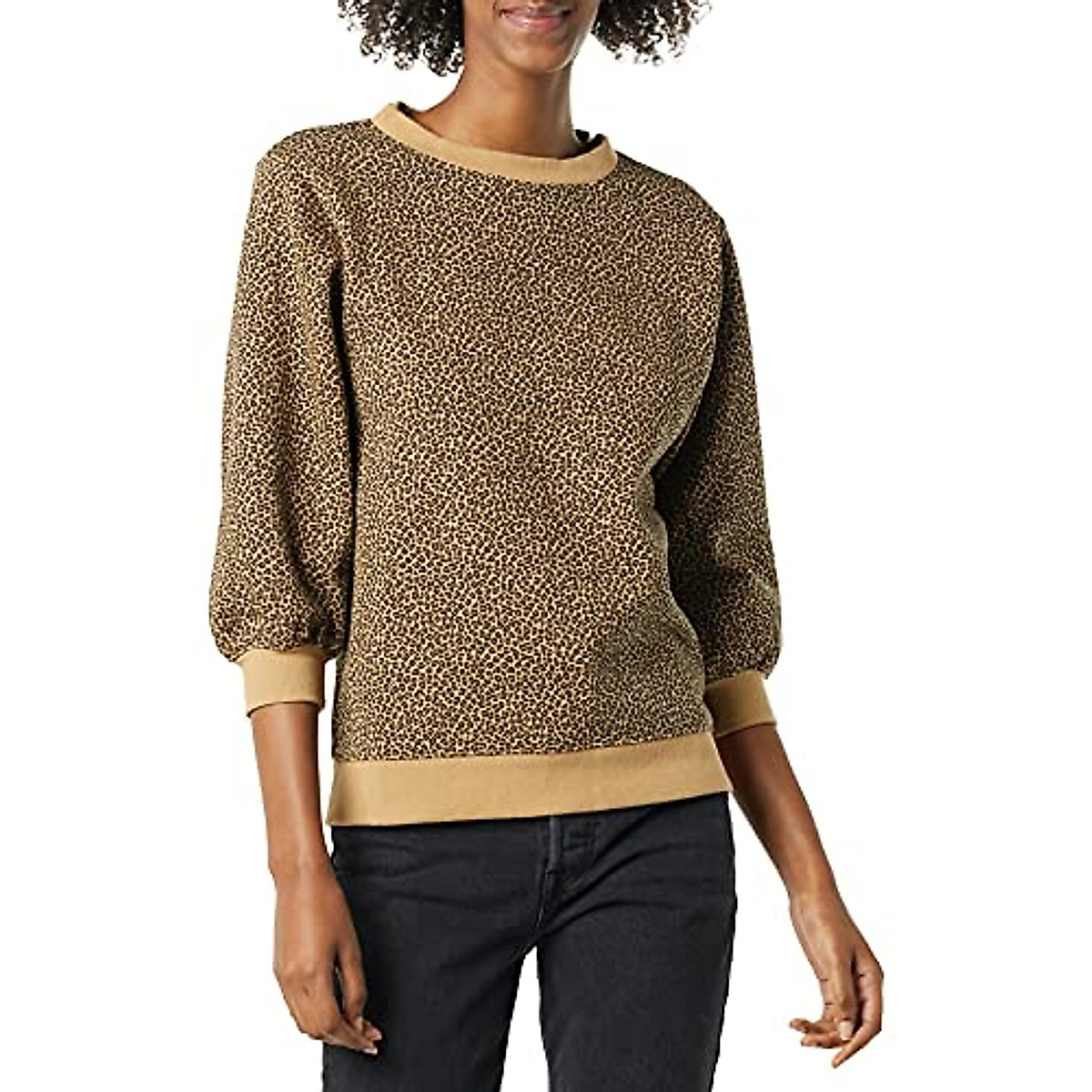 Amazon Essentials Women's French Terry Fleece Sleeve Detail Crewneck Sweatshirt, Camel Cheetah, Large