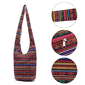 LingTang Women Hippie Shoulder Bags Large Purses Ethnic Tote Handbag Travel Bag (Red)