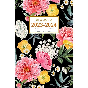 Planner 2023-2024: 6x9 Weekly and Monthly Organizer from May 2023 to April 2024 | Peony Summer Flower Design Black