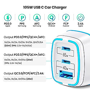 105W USB C Car Charger,3 Port PD 65W 20W PPS 45W Type C Super Fast Charging QC4.0 20W Cigarette Lighter Adapter Fast USB Car Charger for iPhone 13 12 Pro Max Samsung Galaxy S21 Note 20 iPad MacBook