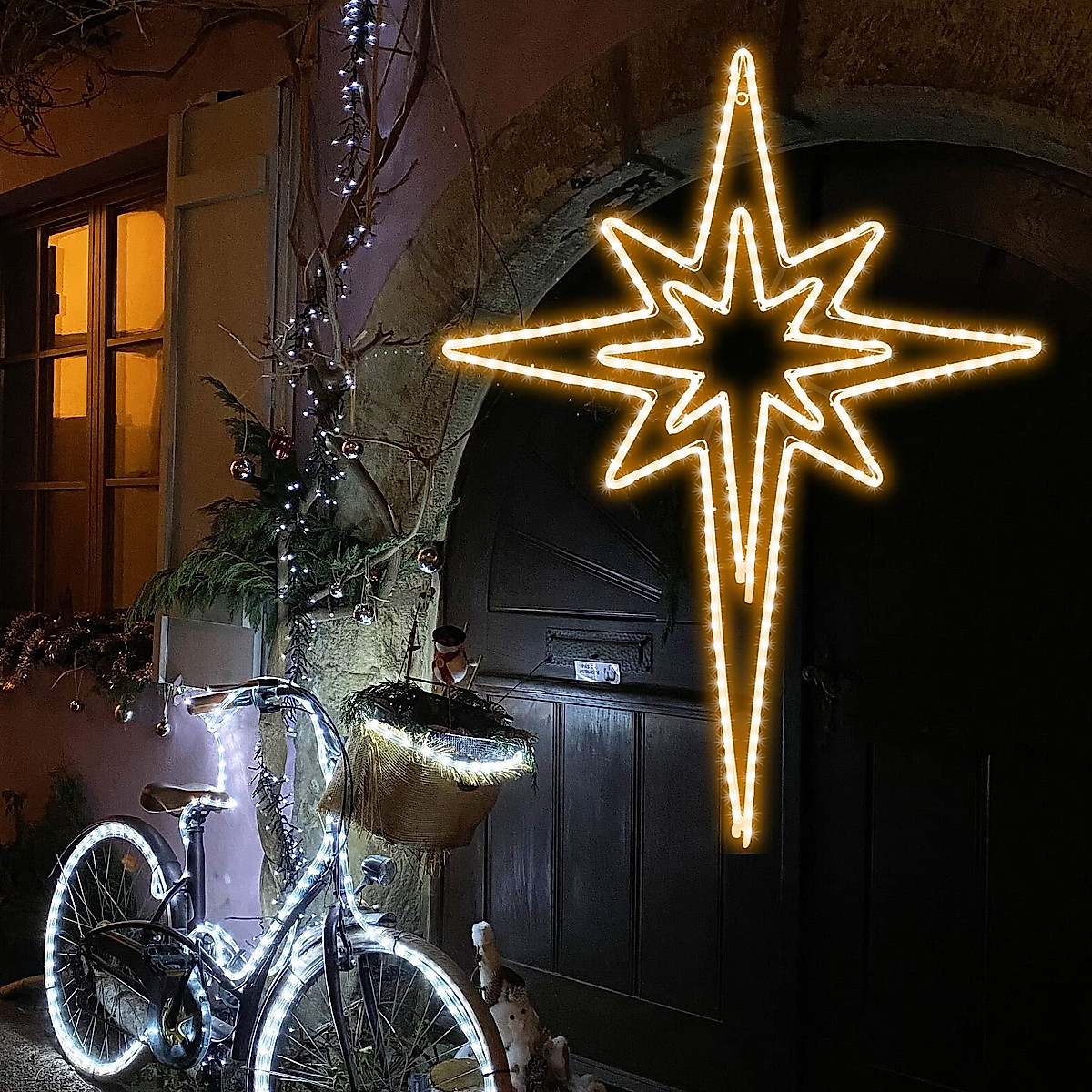 GLOWNOVA Large 43"x32" Twinkle Bethlehem Star Neon Motif Pre-lit 216 Super-Bright LED Outdoor Christmas Decoration with 11 Functions and Timer Waterproof for Outdoor Home Party Wall(Warm White)