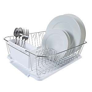 Kitchen Details 3 Piece Dish Rack | Drying Rack, Cutlery Basket & Drainboard Tray | Countertop | Self Draining | Open Wire Design | Chrome | White