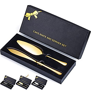 Gold Cake Cutting Set with Luxury Gift Box，Stainless Steel Gold Cake Pie Pastry Servers, Gold Cake Serving Set, Elegant Cake Knife and Server Set Perfect For Wedding, Birthday, Parties and Events.