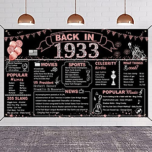 DARUNAXY 90th Birthday Rose Gold Party Decoration, Back in 1933 Banner 90 Year Old Birthday Party Poster Supplies, 6x3.6ft Large Fabric Vintage 1933 Backdrop for Girls Photography Background for Women