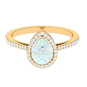 Rosec Jewels Natural Ethiopian Opal Halo Engagement Ring with Diamond | 5X7 MM | AAA Quality, 14K Yellow Gold, Size:US 5.50