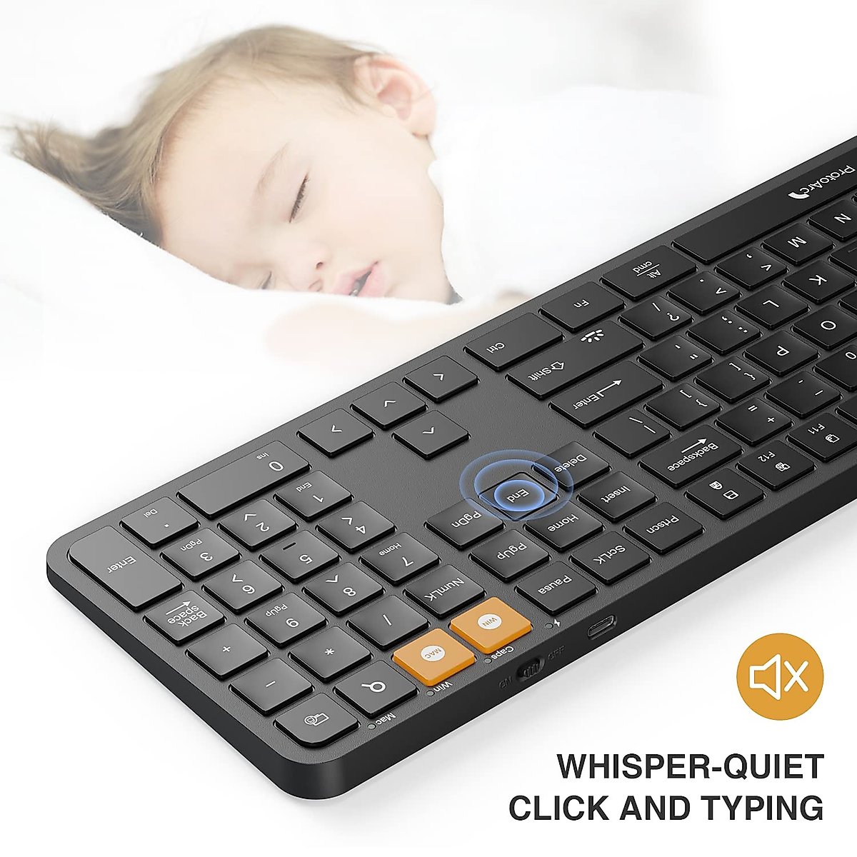 ProtoArc Backlit Wireless Keyboard, K100 2.4G Ultra Slim Wireless Illuminated Keyboard Full Size Silent Keyboard, Rechargeable, USB/Type C Connection, Natural Typing, Windows/Mac(Black)