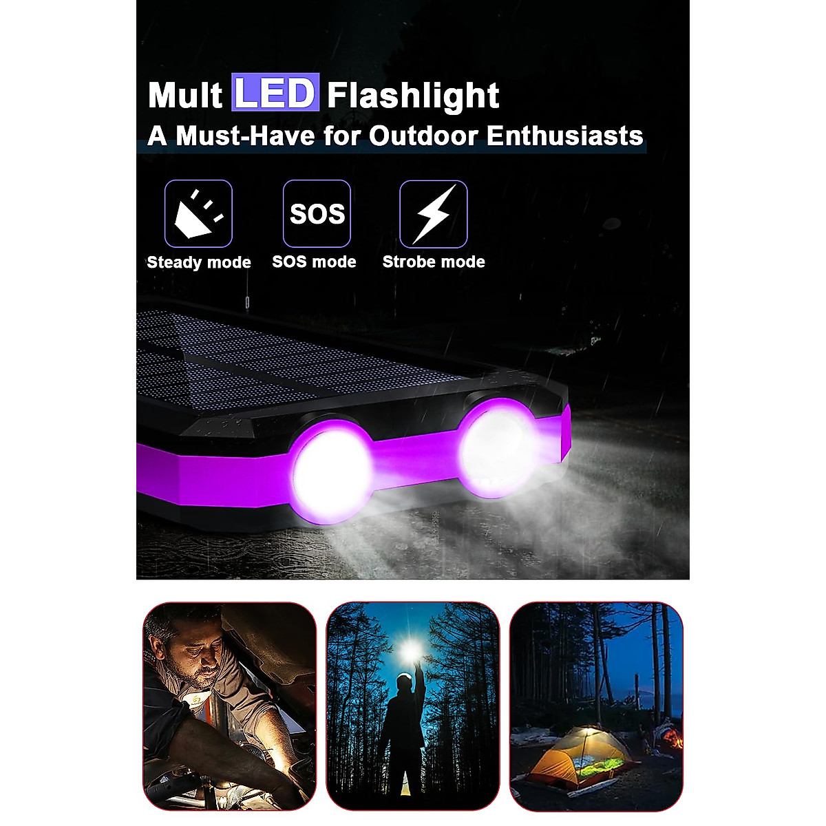 WONGKUO Solar Charger Power Bank - 𝟮𝟬𝟮𝟰 𝙐𝙥𝙜𝙧𝙖𝙙𝙚 36,800mAh Portable Solar Phone Charger, QC3.0 Fast Charger with LED Flashlight, IP65 Waterproof Power Bank Perfect for Outdoor Camping Hiking