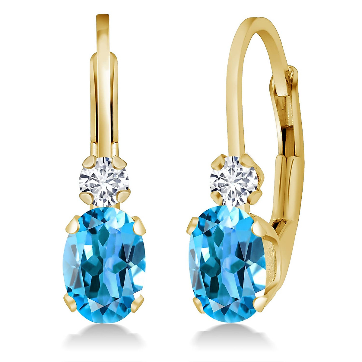 Gem Stone King 14K Yellow Gold Swiss Blue Topaz and White Diamond Leverback Earrings For Women | 1.07 Cttw | Gemstone November Birthstone | Oval 6X4MM, Round 2MM | 3/4 Inch