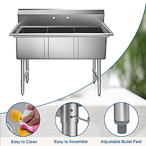 HARDURA Stainless Steel Kitchen Sink With 3 Compartments, Commercial Sink Freestanding NSF Certified Utility Basin 10" L X 14" W X 10" D Bowl For Kitchen & Restaurant, Laundry Room