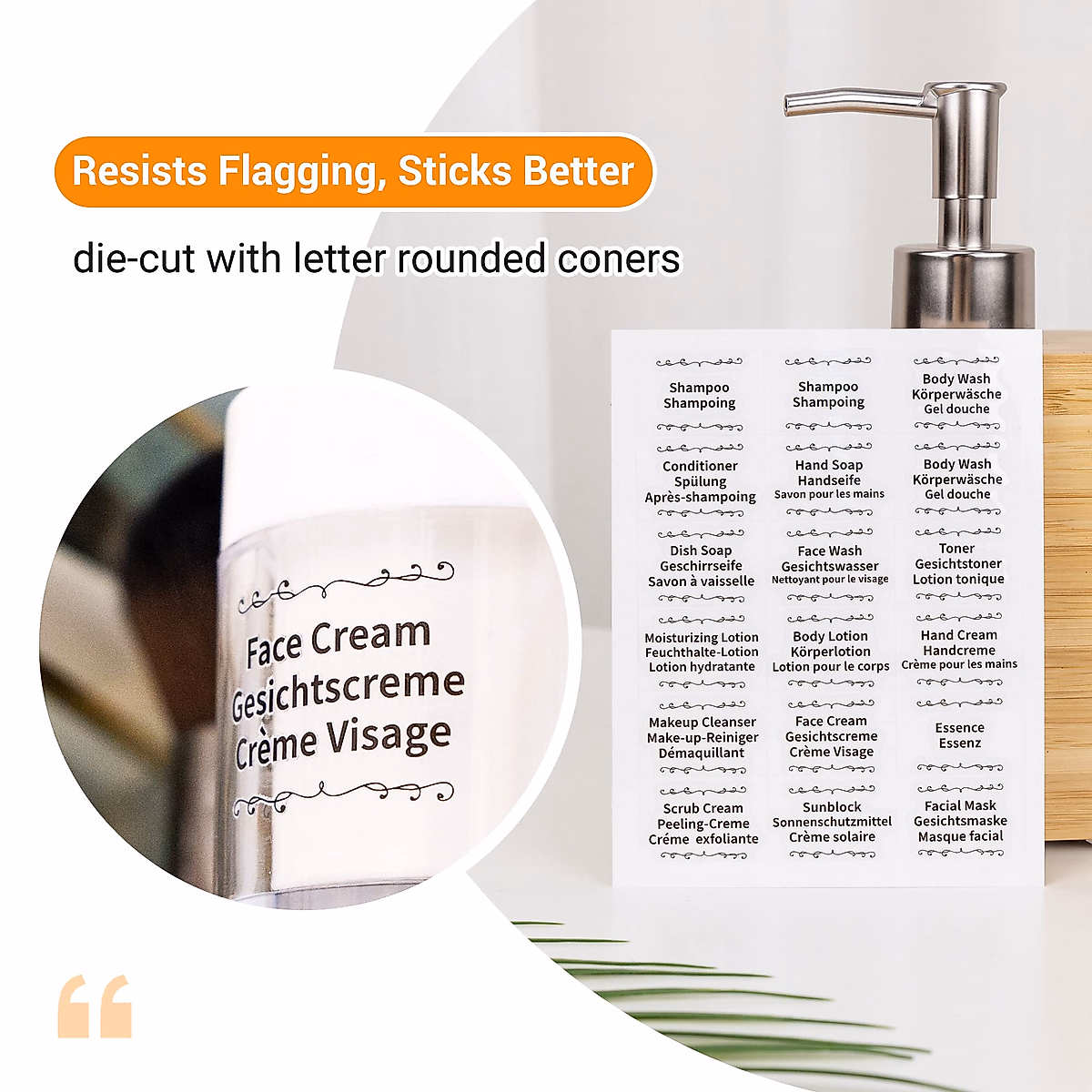 108 PCS Bathroom Labels Clear Preprinted Waterproof Travel Bottles Label Stickers for Organization and Storage Bathroom Dispenser Jars Bins Plastic Travel Bottles Containers