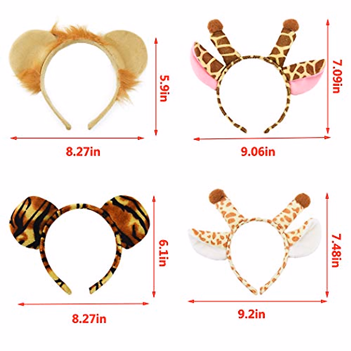 12 Pcs Zoo Animals Ears Headband Jungle Safari Animals Hairbands Plush Cartoon Headbands Elephant Lion Giraffe Tiger Zebra Leopard Cow Pig Ears Cosplay Hair Hoop for Birthday Halloween Costume Party
