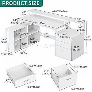 YITAHOME L Shaped Desk with 3 Drawers, 65" Corner Computer Desk with Power Outlets & LED Lights, L-Shaped Desk with File Cabinet & Printer Stand for Home Office, White